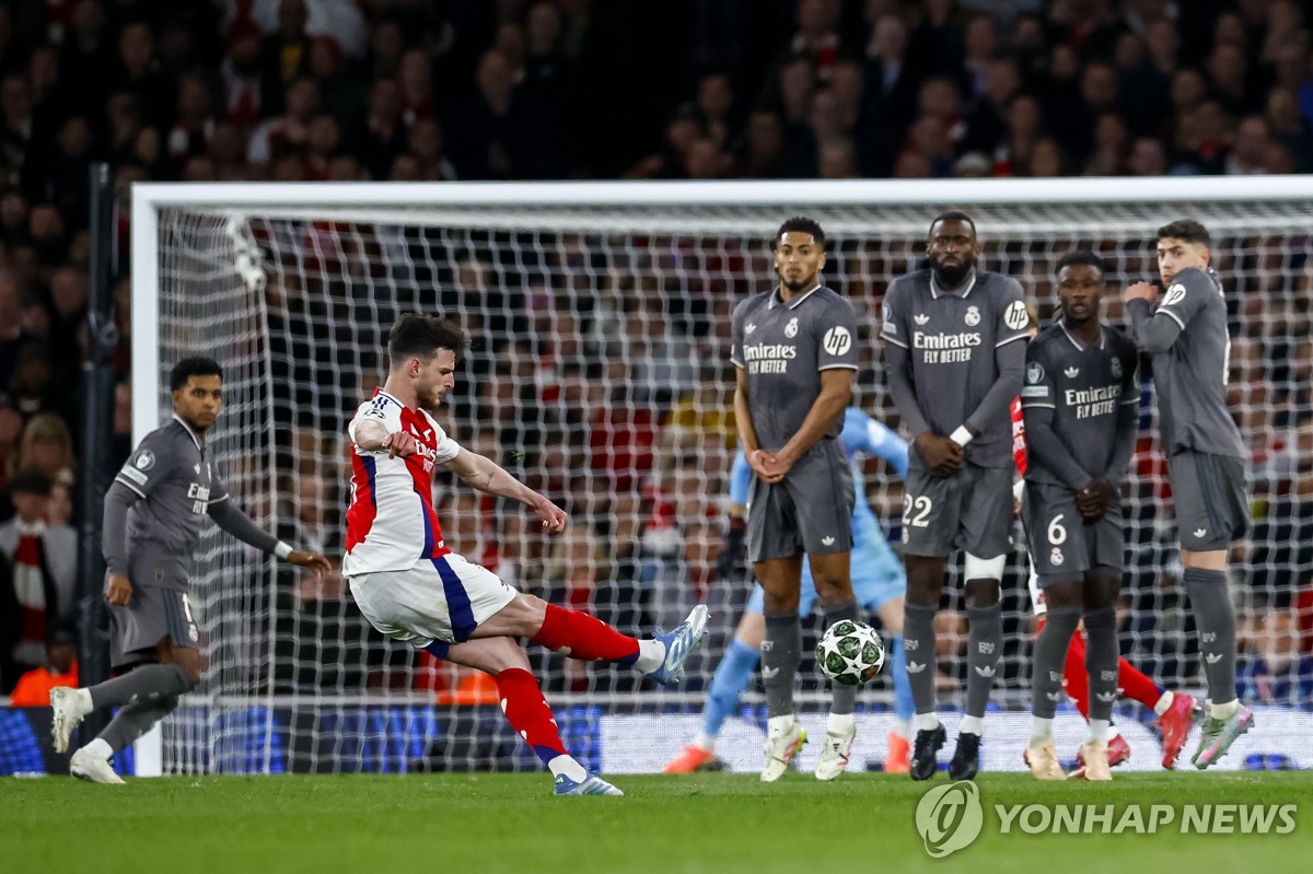 '라이스 프리킥 2골' 아스널, R마드리드 3-0 완파…UCL 4강 눈앞 | 연합뉴스